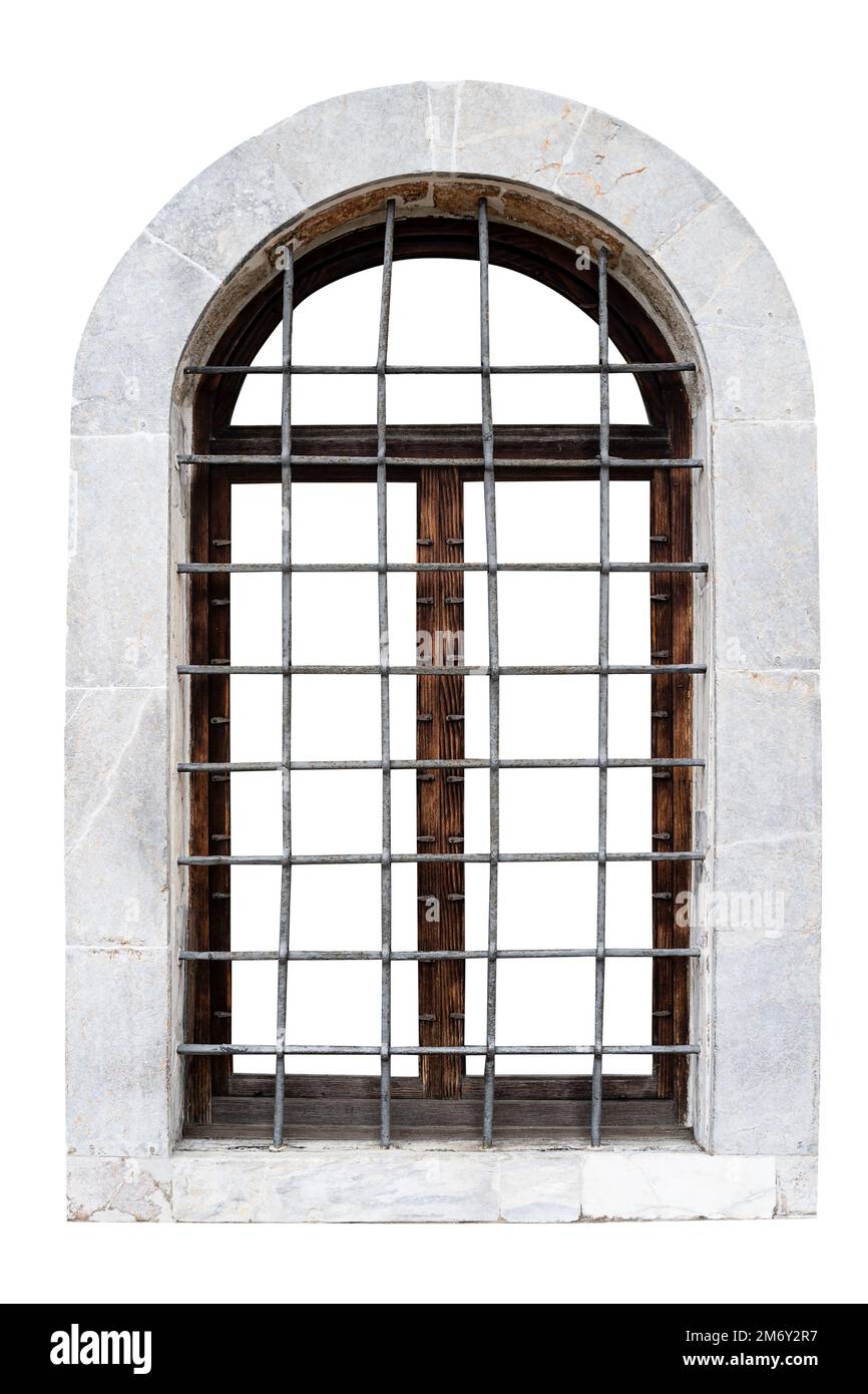 front view closeup of vintage window with stone marble frame protected ...