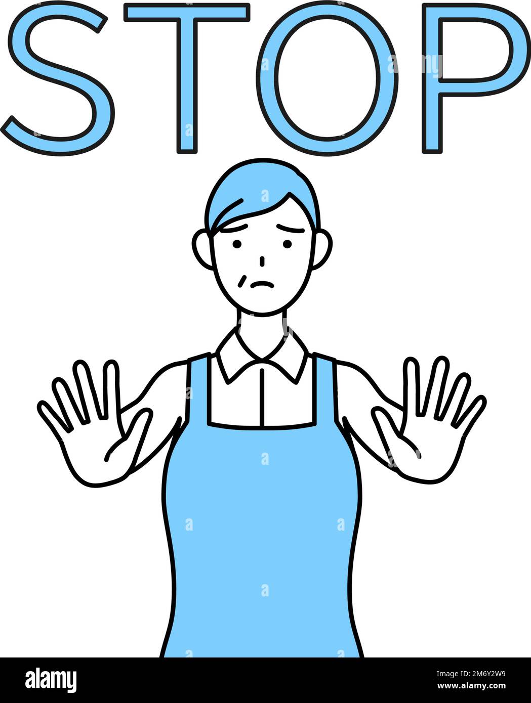 A senior woman in an apron with his hand out in front of his body ...