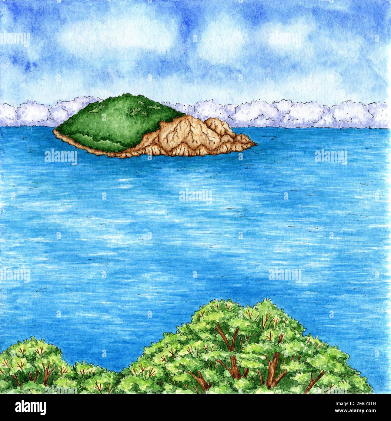 Watercolor illustration of a sea view on a bright sunny day. Seascape ...