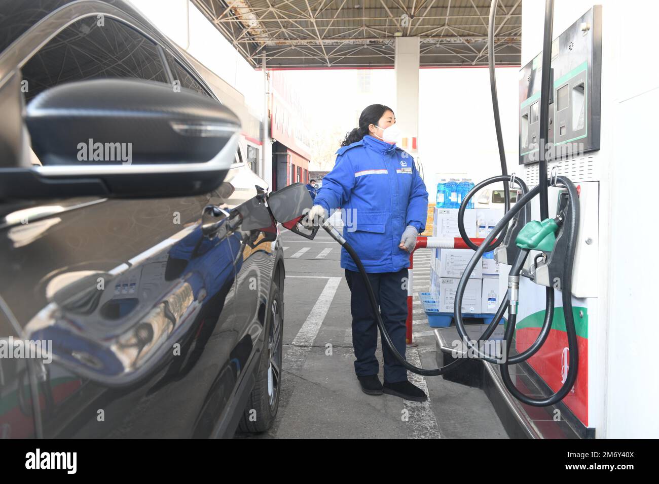The staff of a gas station refueled the vehicle in Xinle City of ...