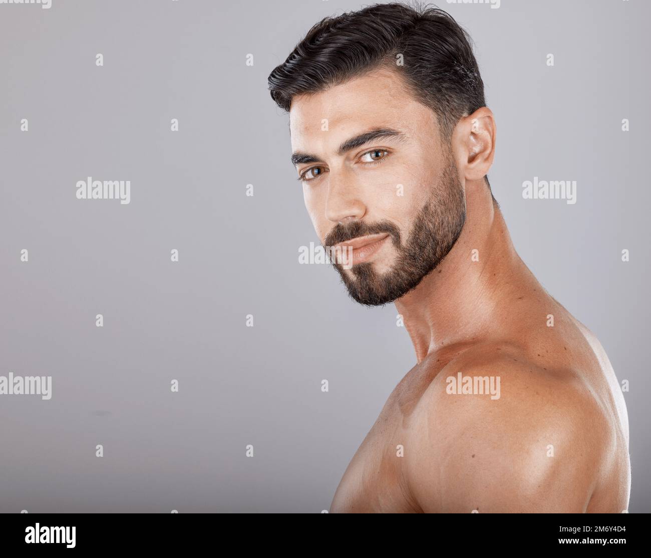 Man, studio portrait and skincare with beauty, cosmetics and wellness ...