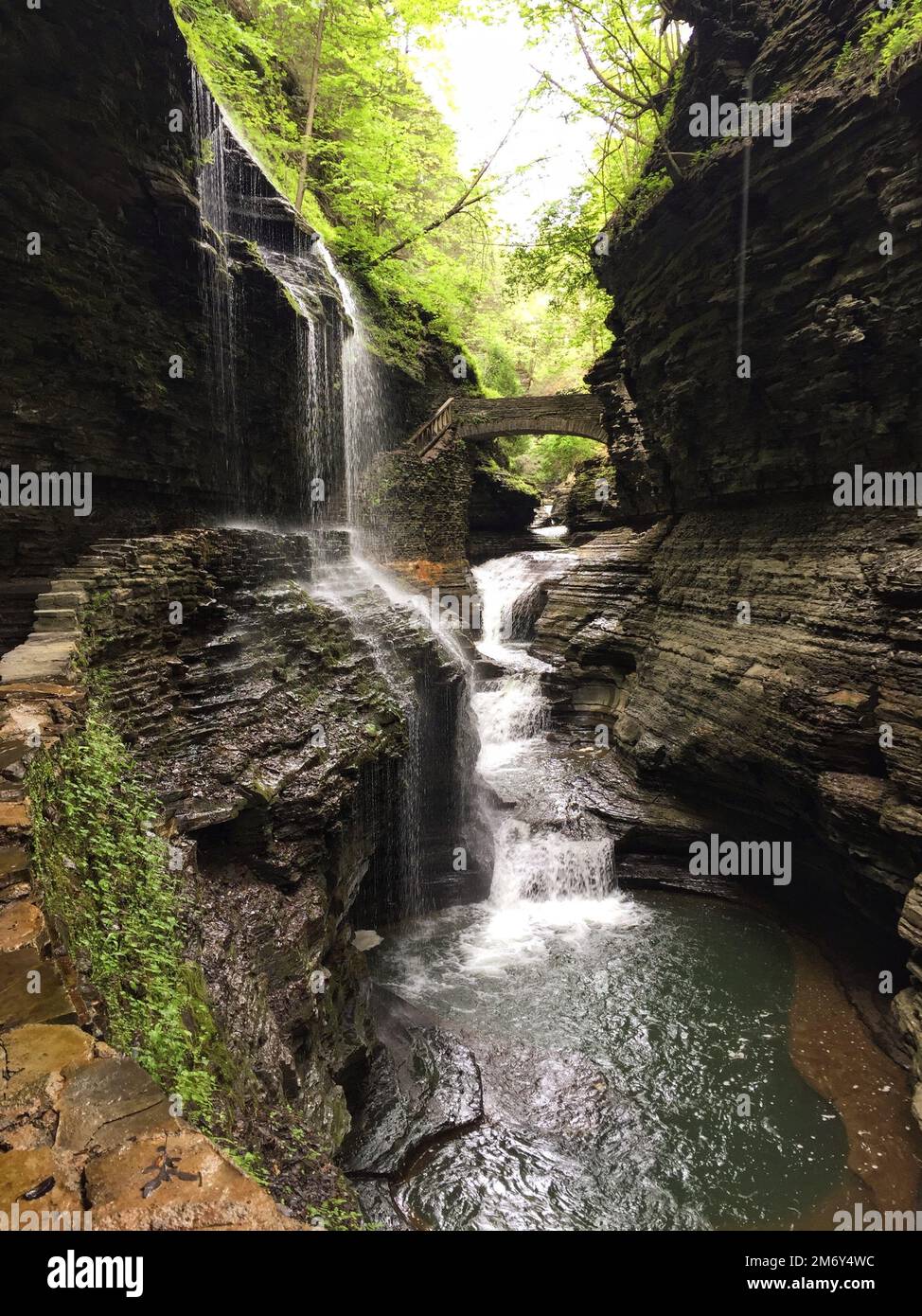 A vertical shot of a beautiful waterfall at Watkins Glen State Park ...