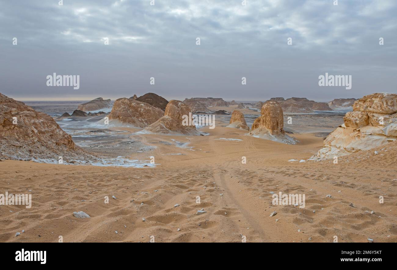 Landscape scenic view of desolate barren western desert in Egypt Valley ...