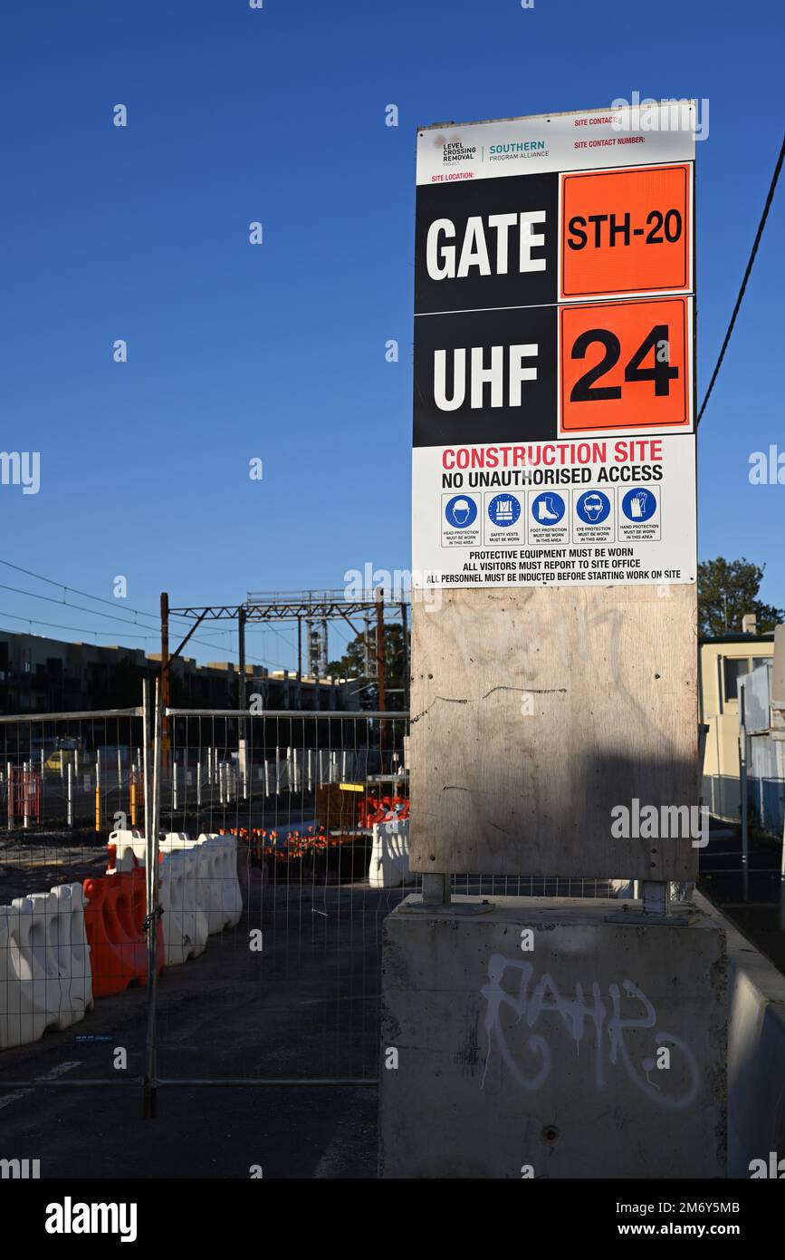Signage at the Glenhuntly Level Crossing Removal Project construction ...