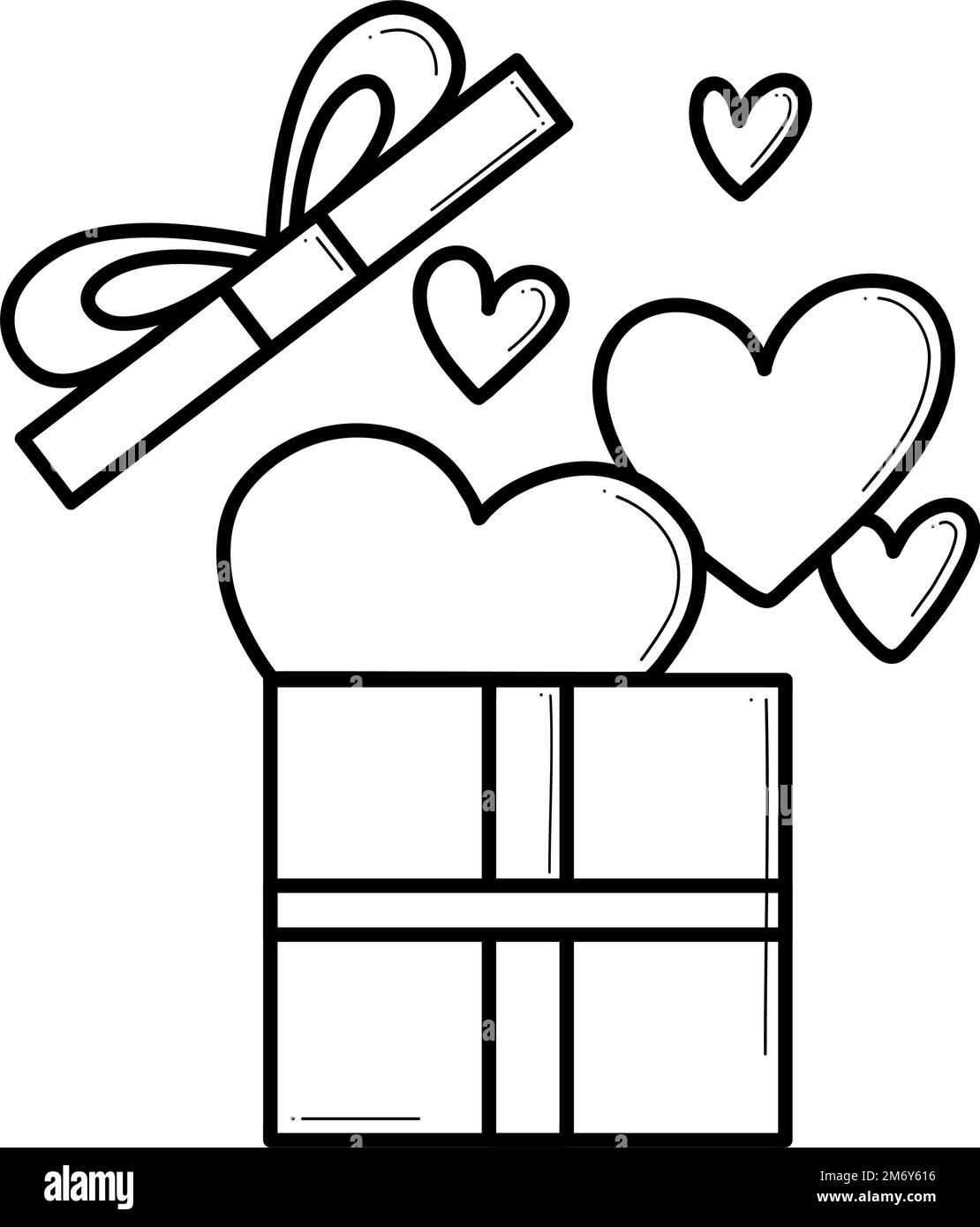 Hand drawn icon of gift box with hearts and bows in doodle style ...