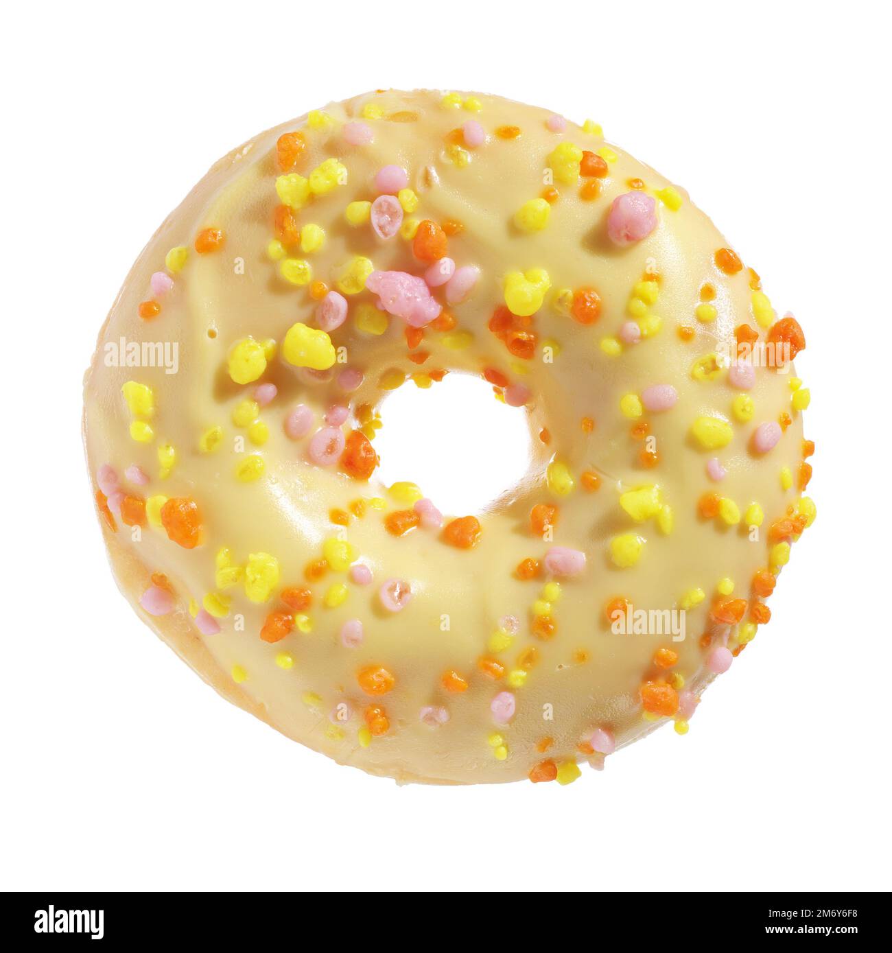 Yellow donut with icing and sprinkles isolated on white background, top ...