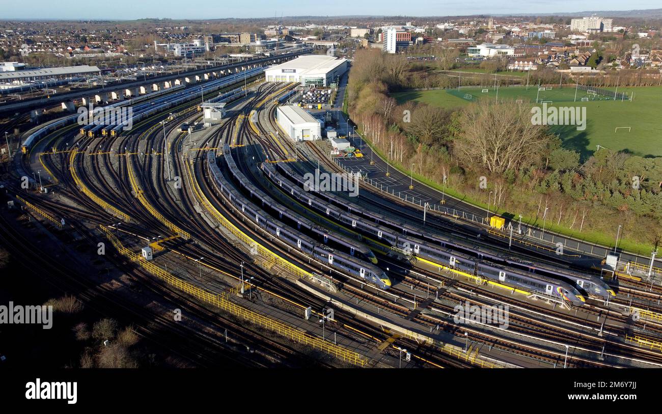 Southeastern trains in sidings at Ashford International station in Kent ...