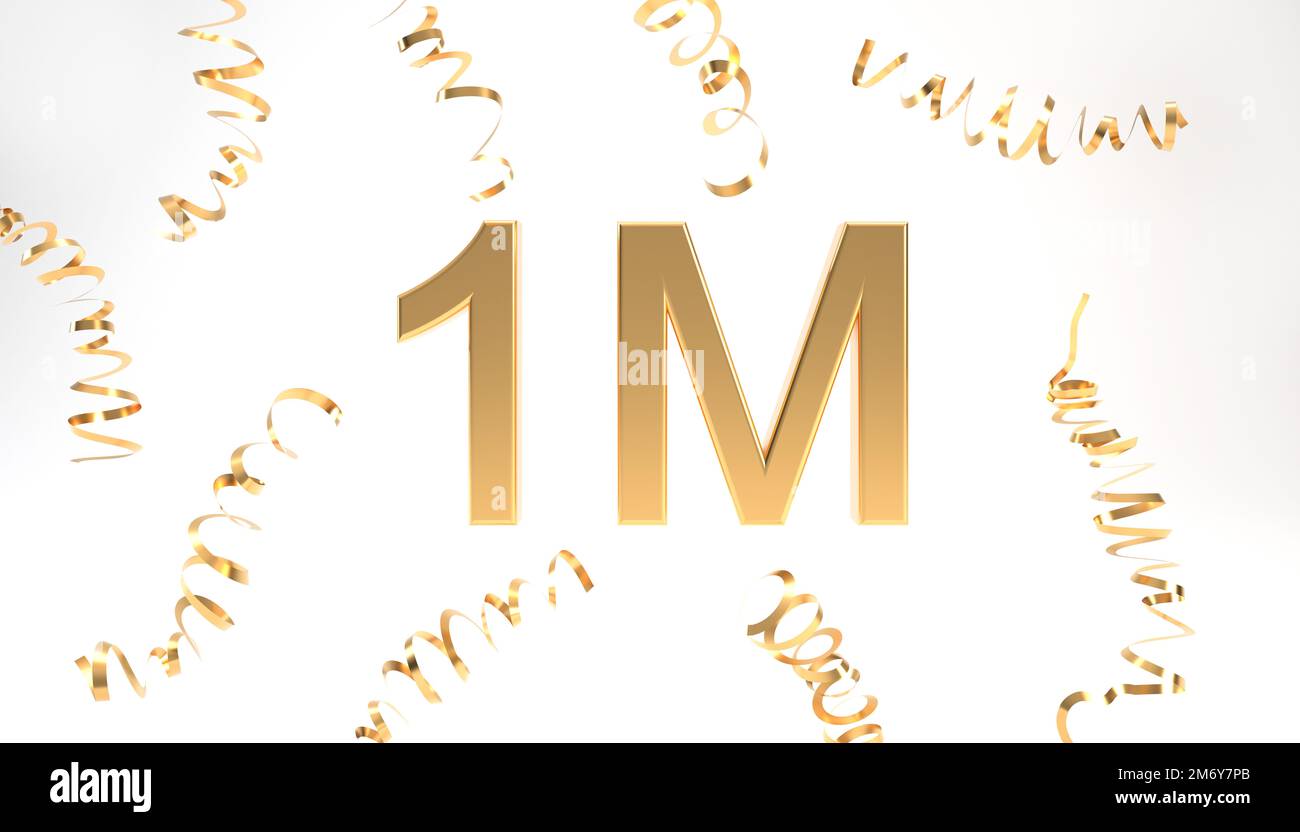 1M followers symbol with confetti 3d rendering. Gold 1M 3d number ...