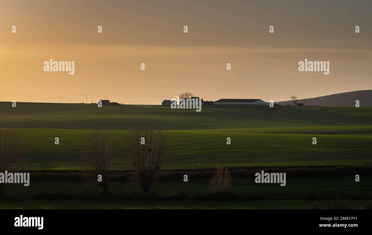 Green hills and sun illuminating the fields hi-res stock photography ...