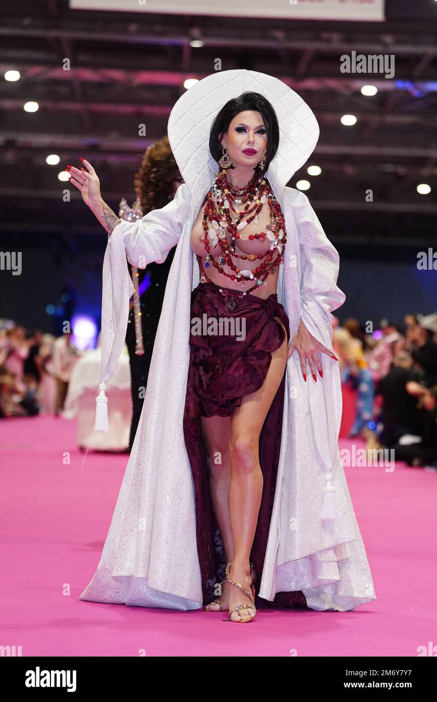 Drag queens take part in a catwalk show during the official opening of at RuPaul's DragCon UK ...