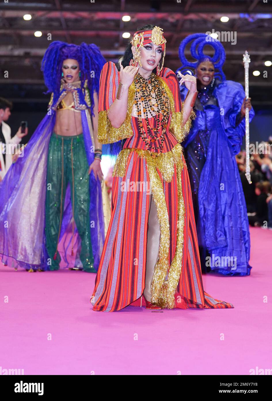 Drag queens take part in a catwalk show during the official opening of at RuPaul's DragCon UK ...