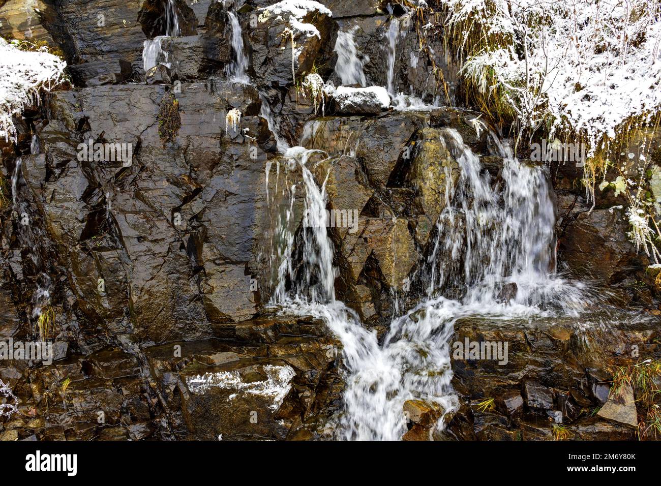 Stream with water over rocks in winter Stock Photo - Alamy