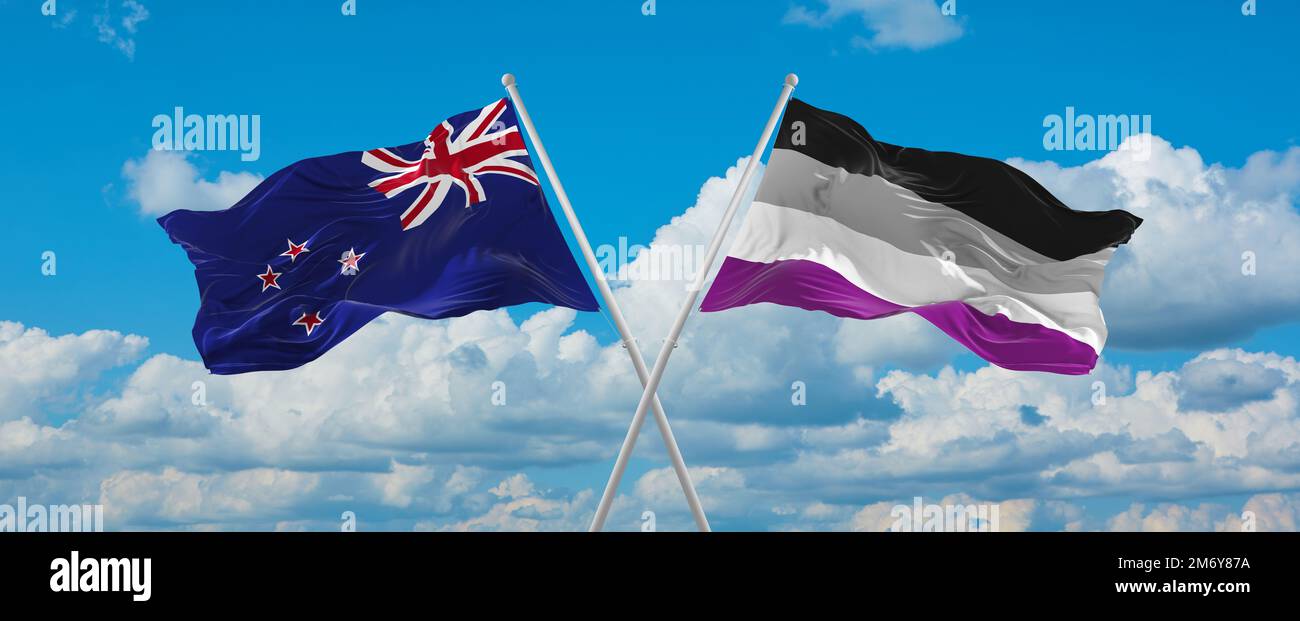two crossed flags asexuality Pride and New Zeeland waving in wind at ...