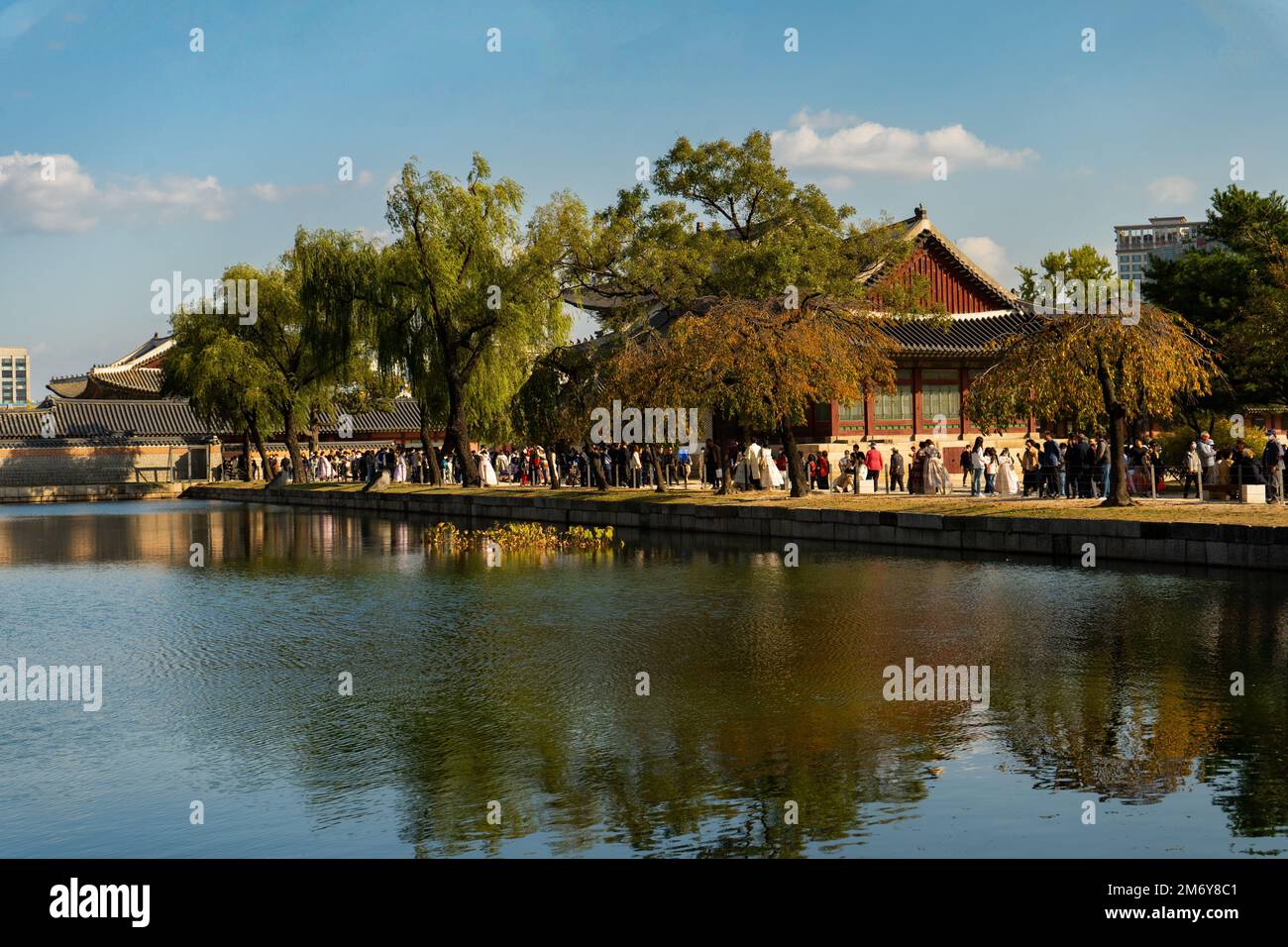 A view of the Gyeonghoeru elevated pavilion with an artificial pond in ...