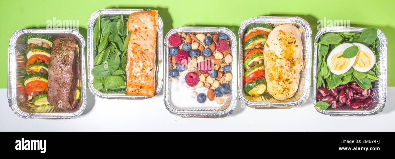 Healthy catering menu, courier food delivery lunch boxes. Beef steak ...