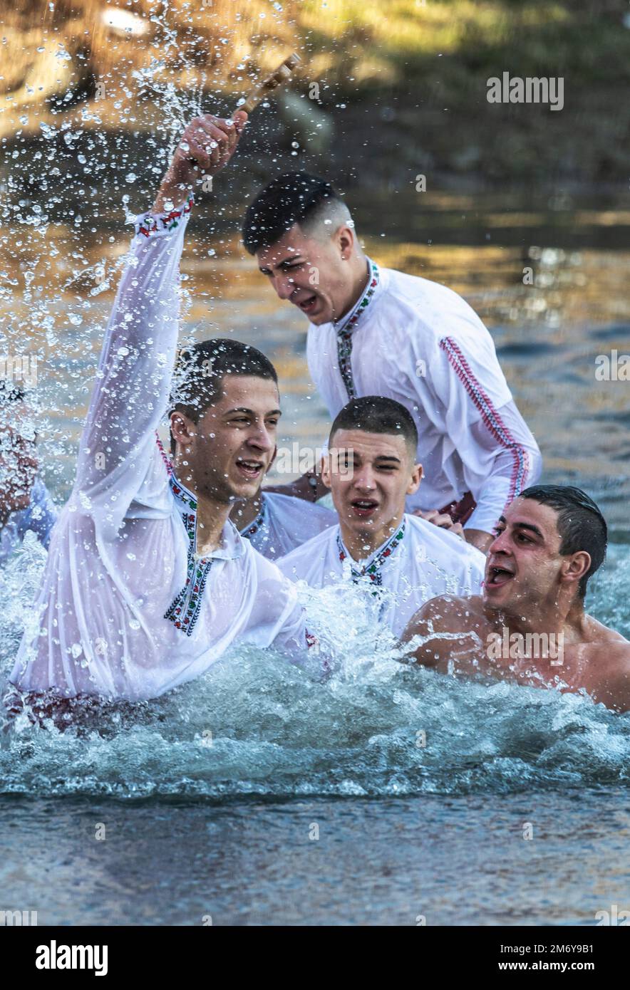 Bulgaria Elhovo January 6 2023: Young men every year dash into icy ...