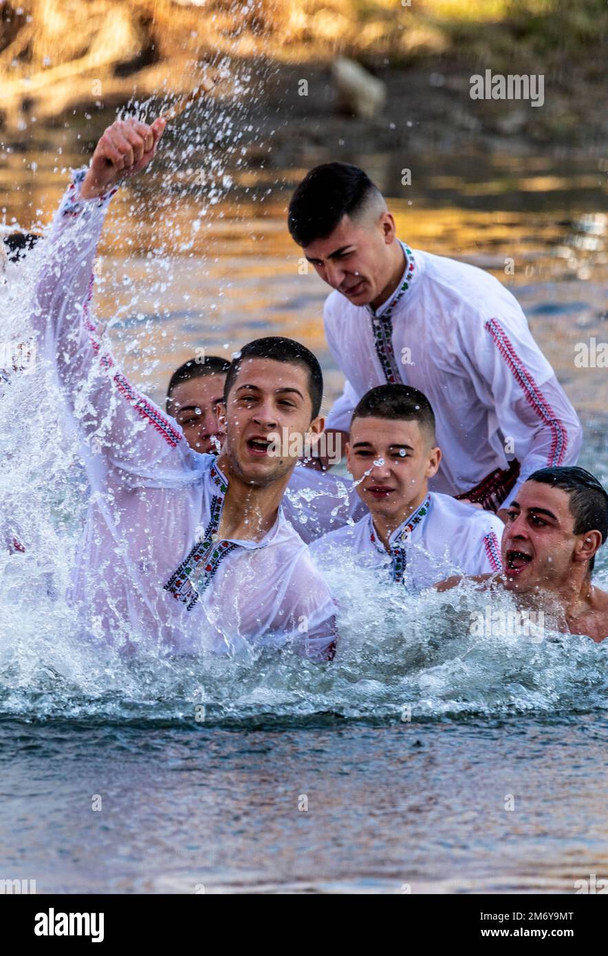 Bulgaria Elhovo January 6 2023: Young men every year dash into icy ...