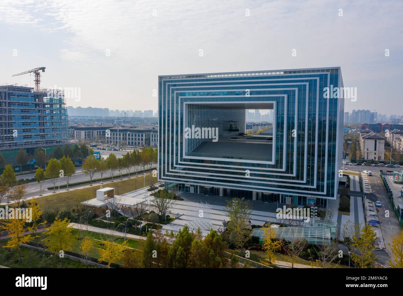 Aerial photo shows a building looking like an old-fashioned television ...