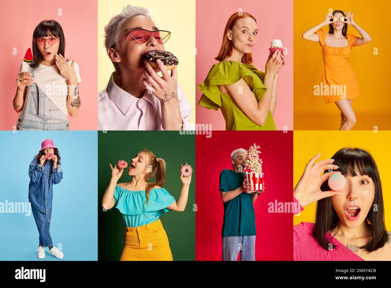 Collage. Beautiful, young, stylish girls posing with various food ...
