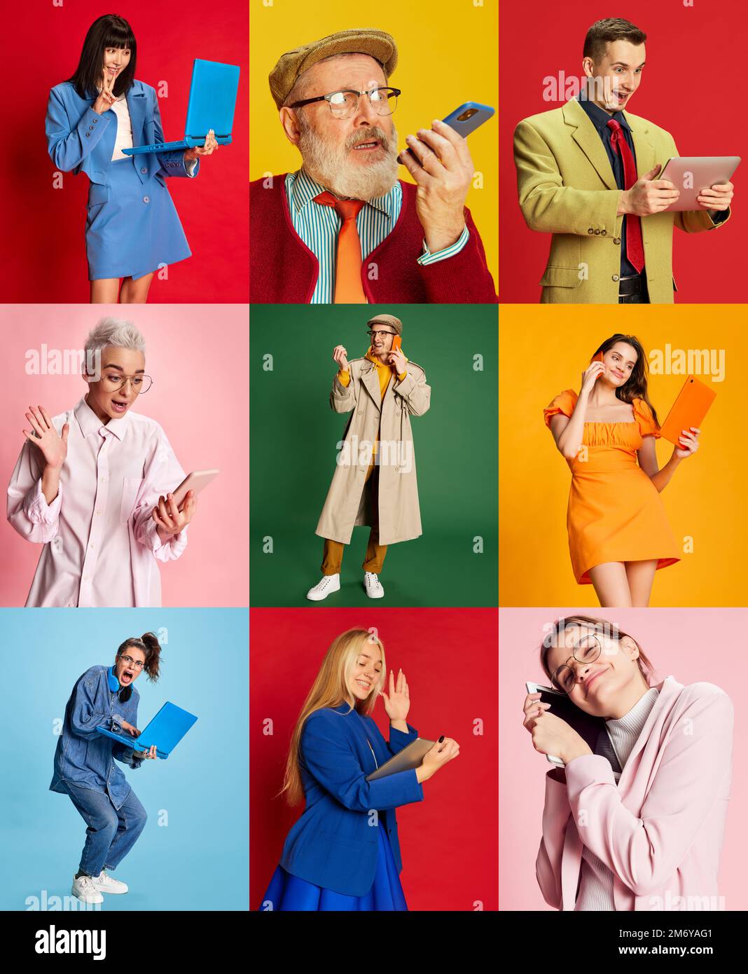 Collage. Different people, men and women of different age communicating ...