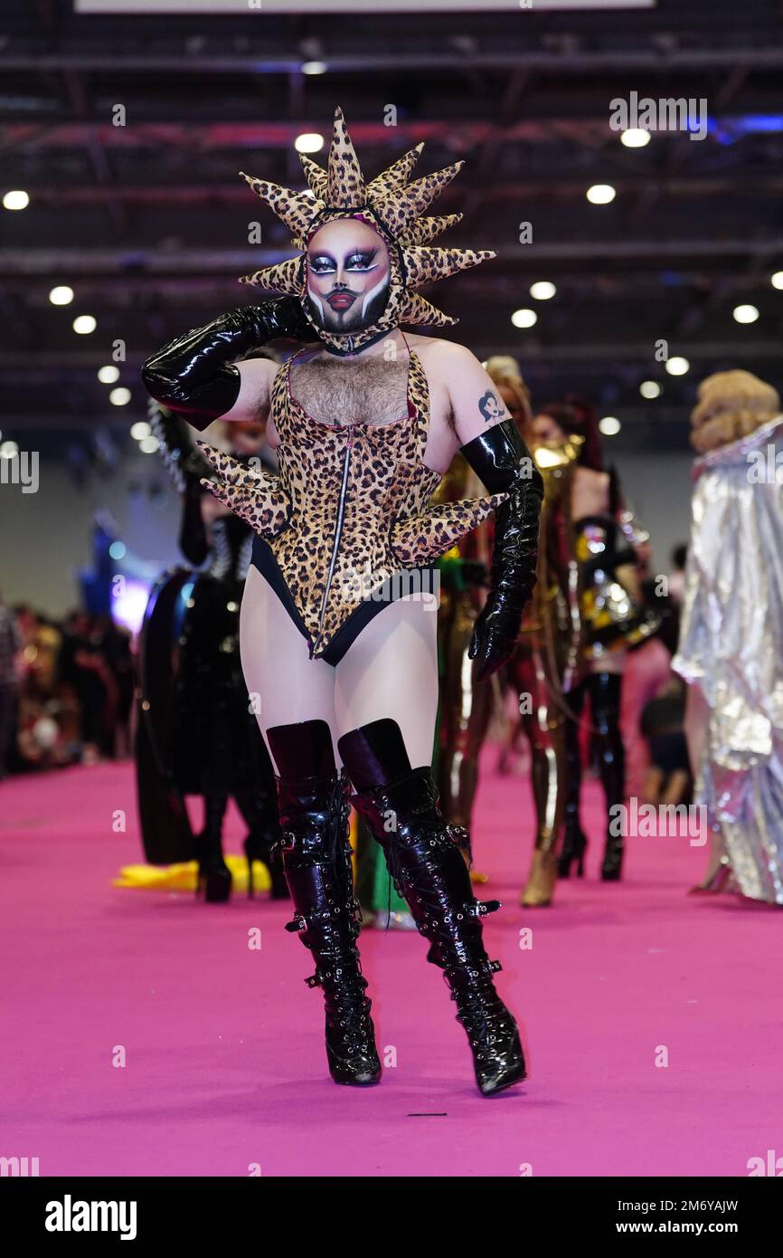 Drag queens take part in a catwalk show during the official opening of at RuPaul's DragCon UK ...