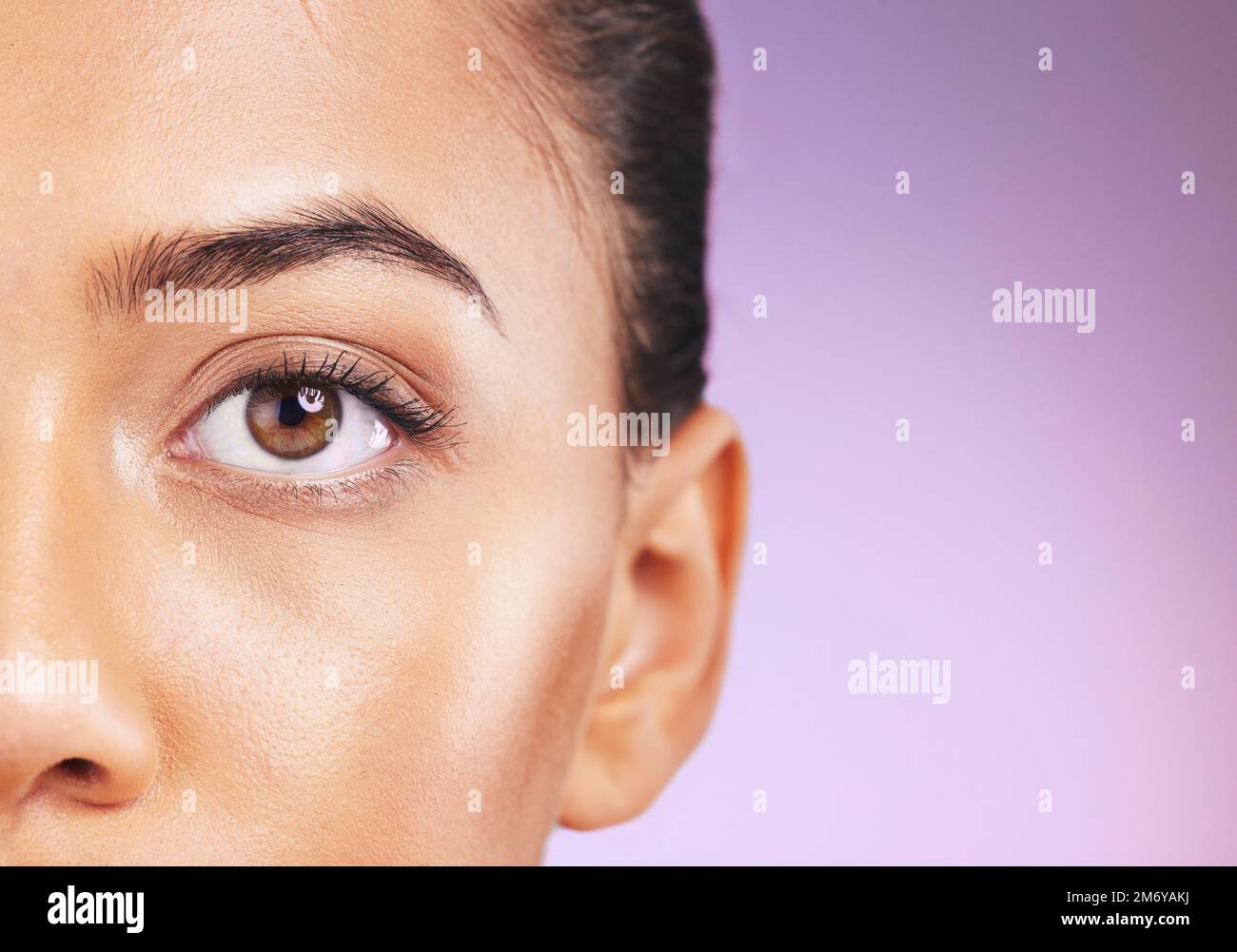 Eye zoom, beauty and woman with face and mockup for cosmetic care ...