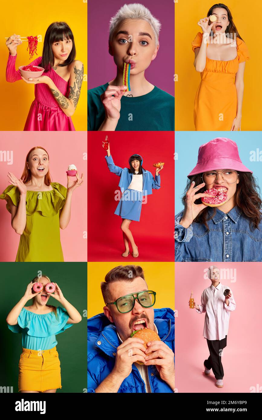 Collage. Portraits of young stylish people, man and women eating ...