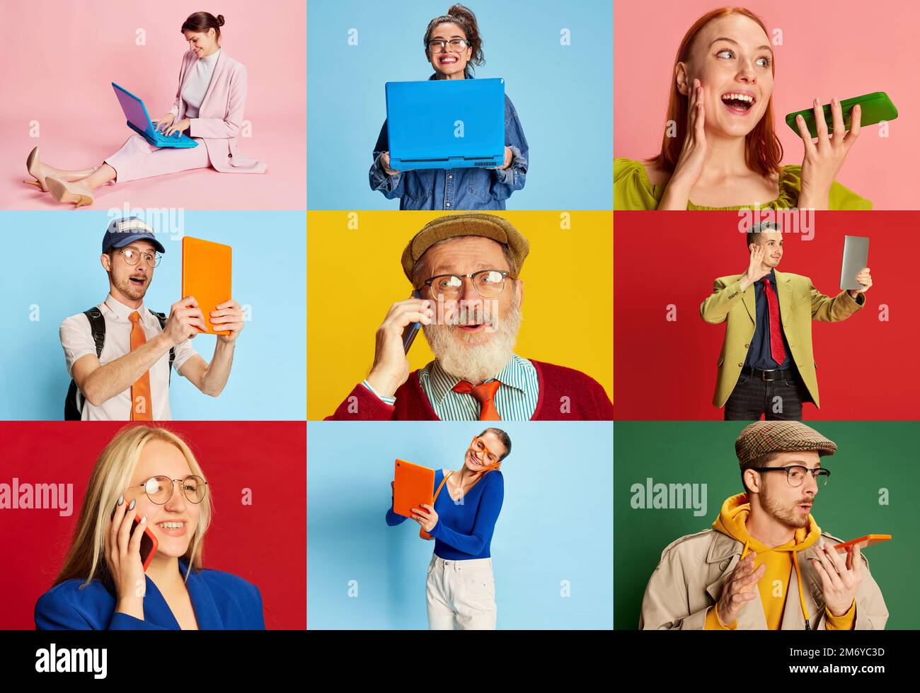 Collage. Different people, men and women of different age communicating ...