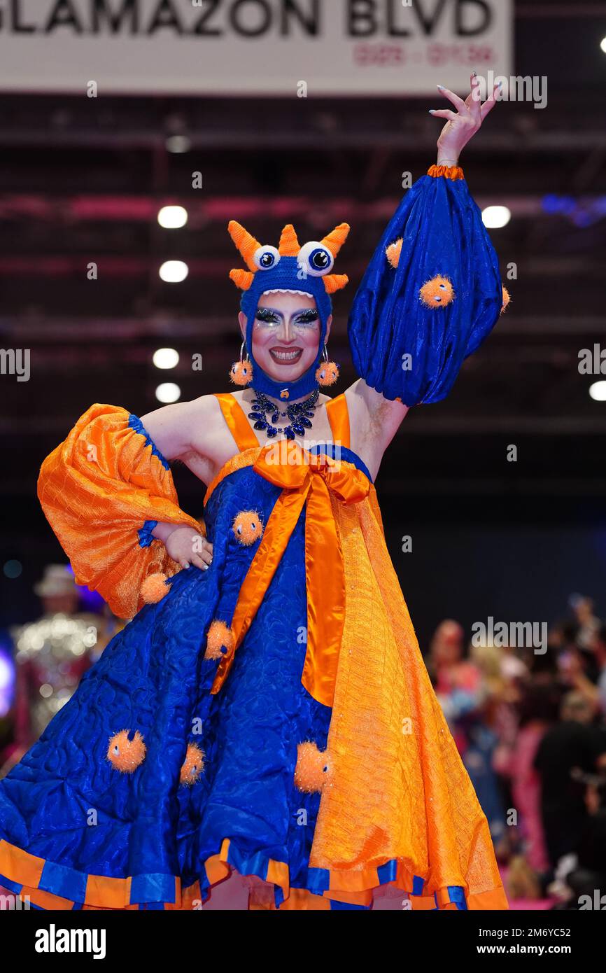 Drag queens take part in a catwalk show during the official opening of at RuPaul's DragCon UK ...