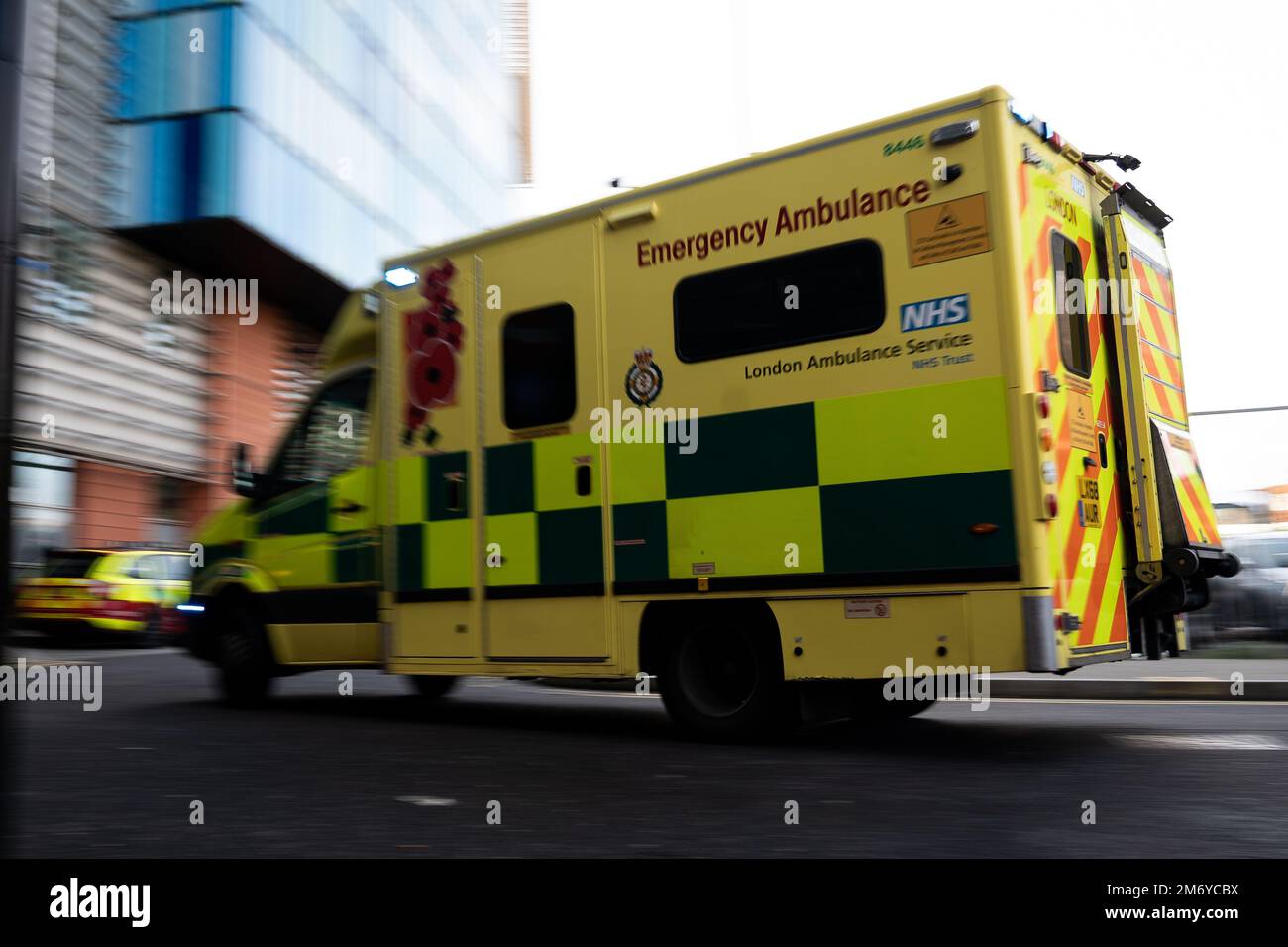 An ambulance arriving at an Emergency Department (A&E) at the Royal ...