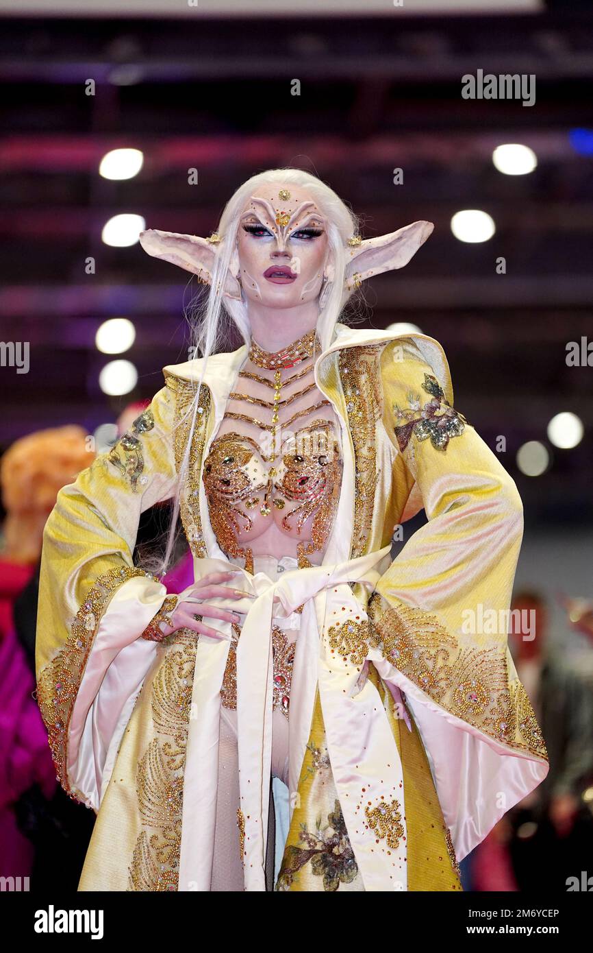 Drag queens take part in a catwalk show during the official opening of at RuPaul's DragCon UK ...