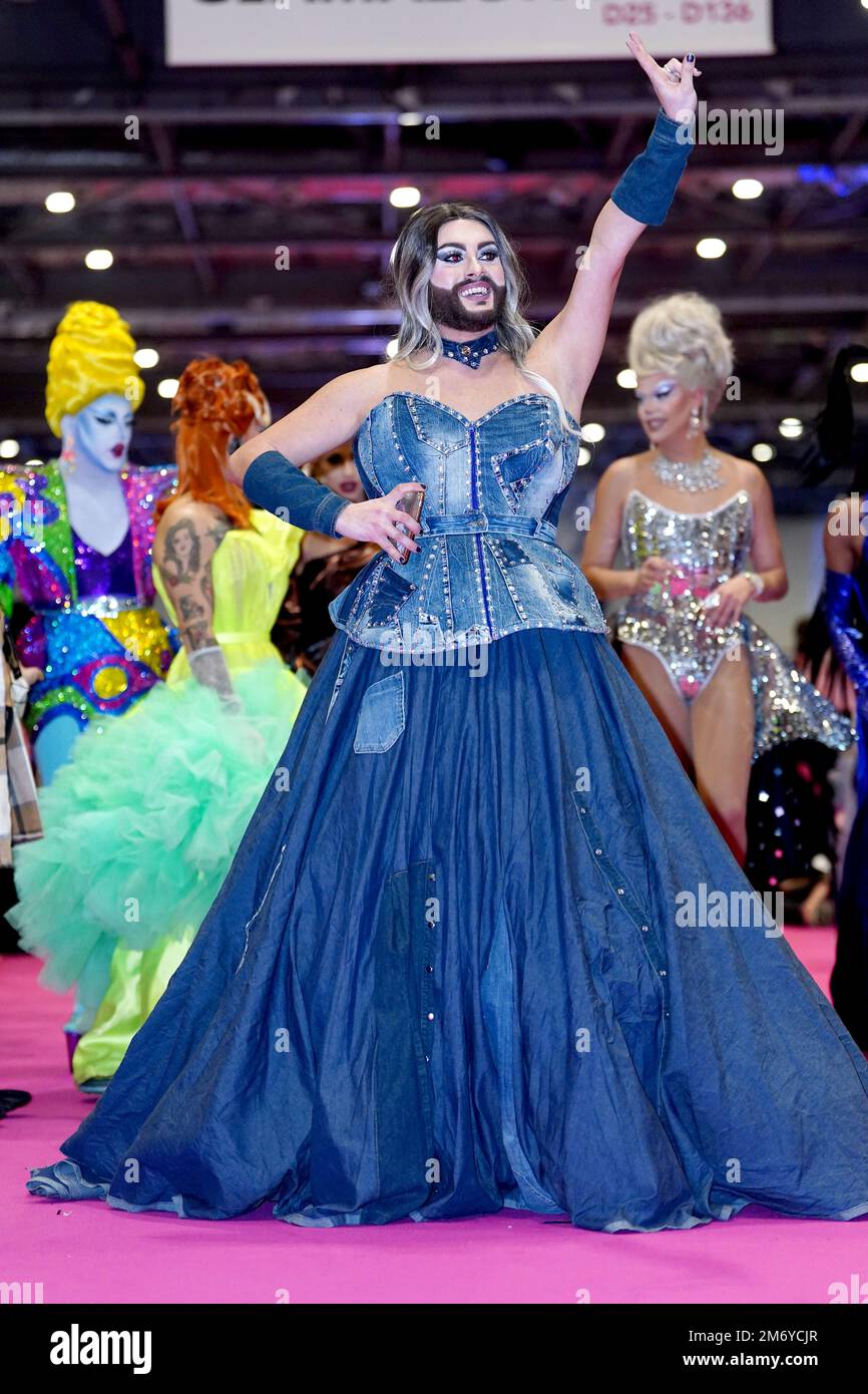 Drag queens take part in a catwalk show during the official opening of at RuPaul's DragCon UK ...