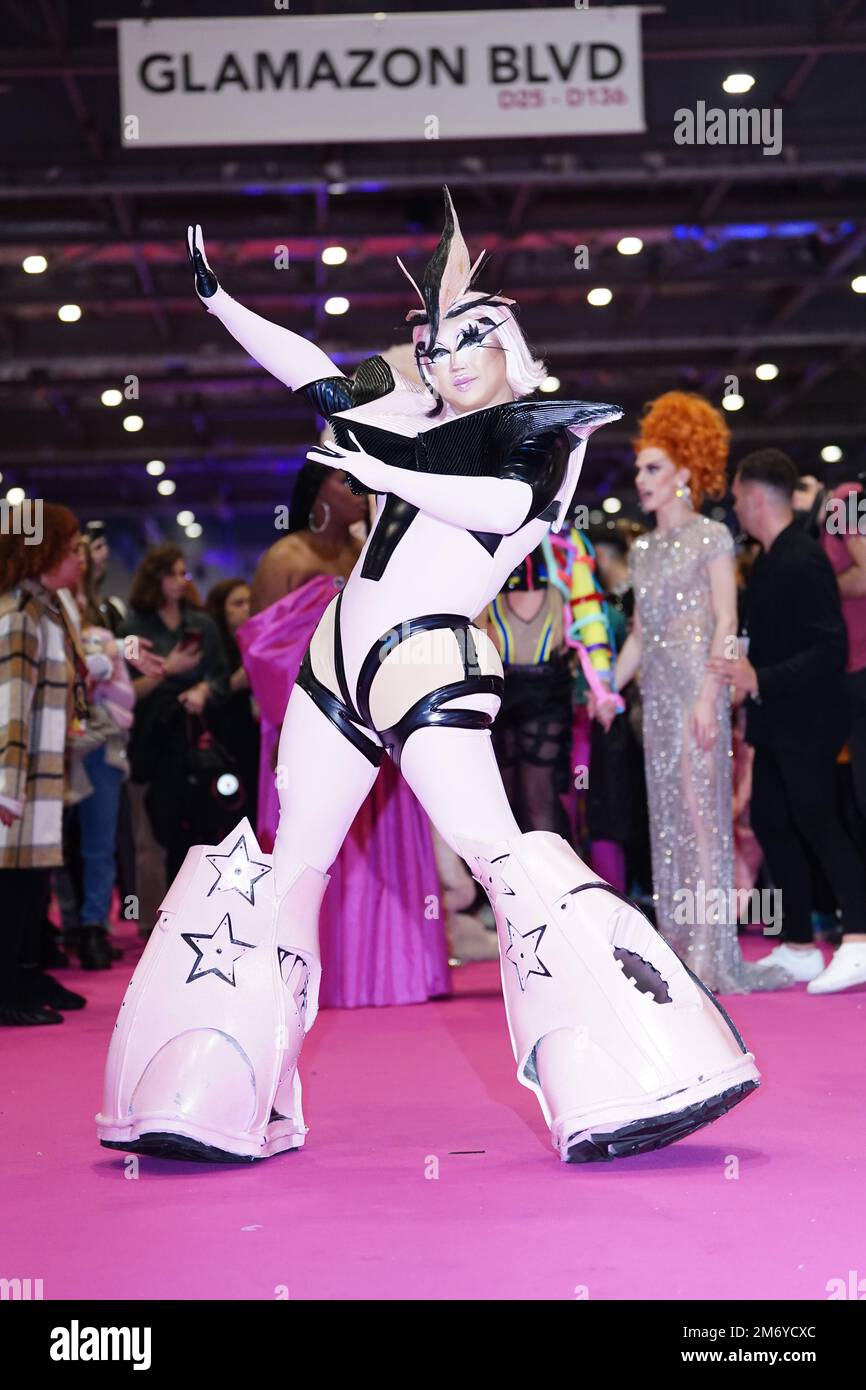 Drag queens take part in a catwalk show during the official opening of at RuPaul's DragCon UK ...
