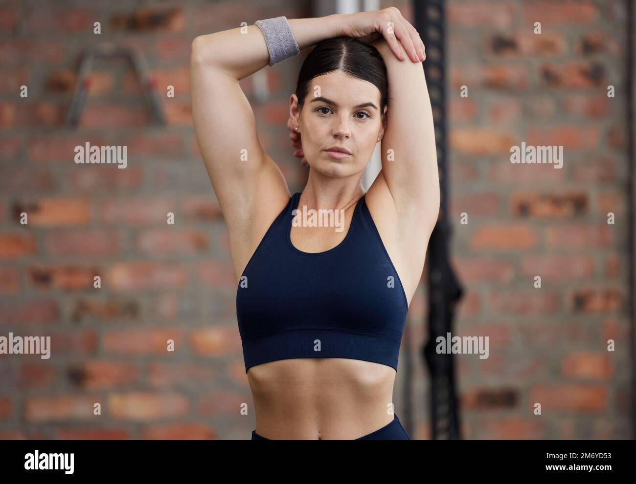 Fitness, portrait and woman stretching arms for gym exercise, workout ...