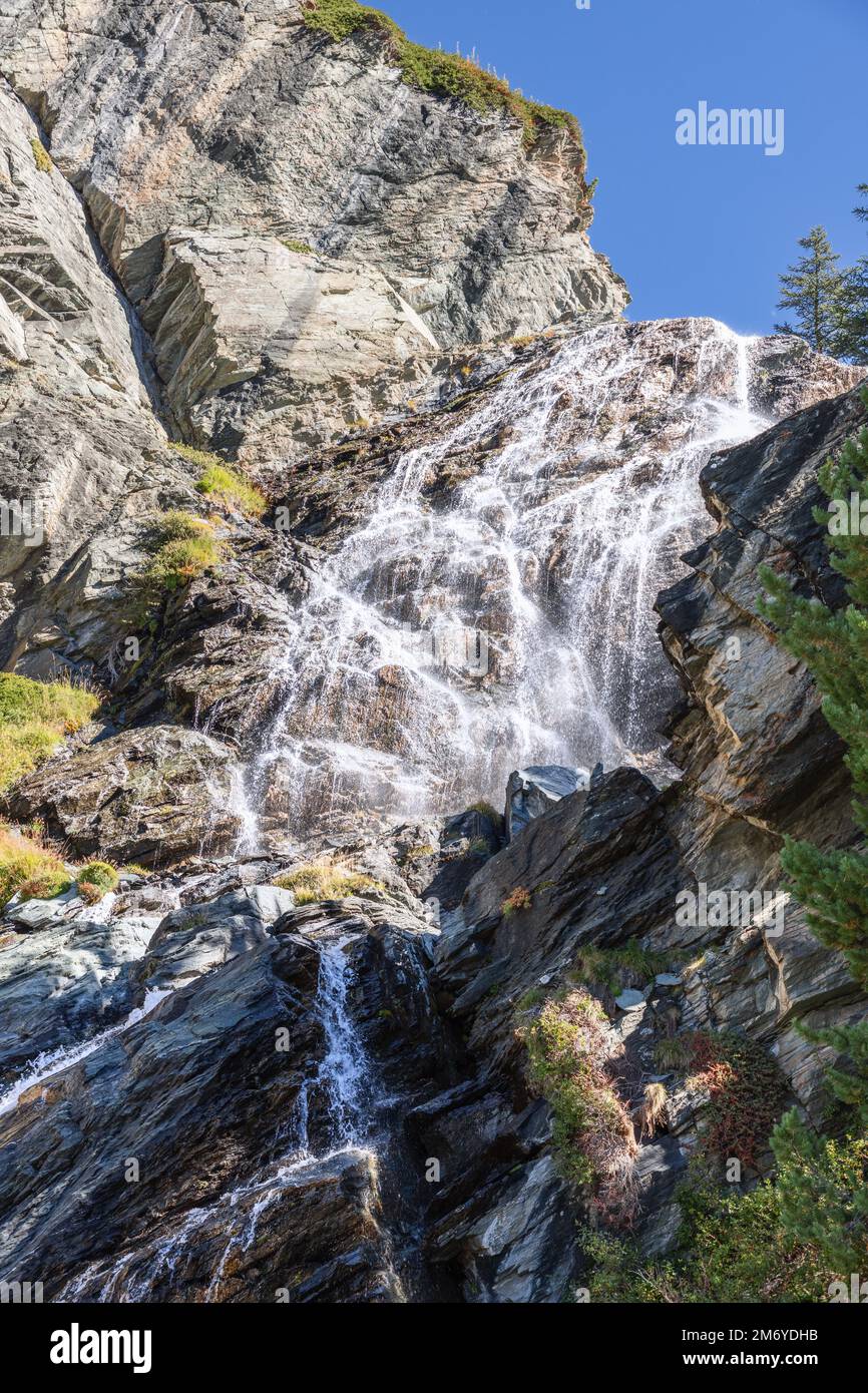 Multi-level alpine streams of Lillaz waterfall (Cascate di Lillaz) wash ...