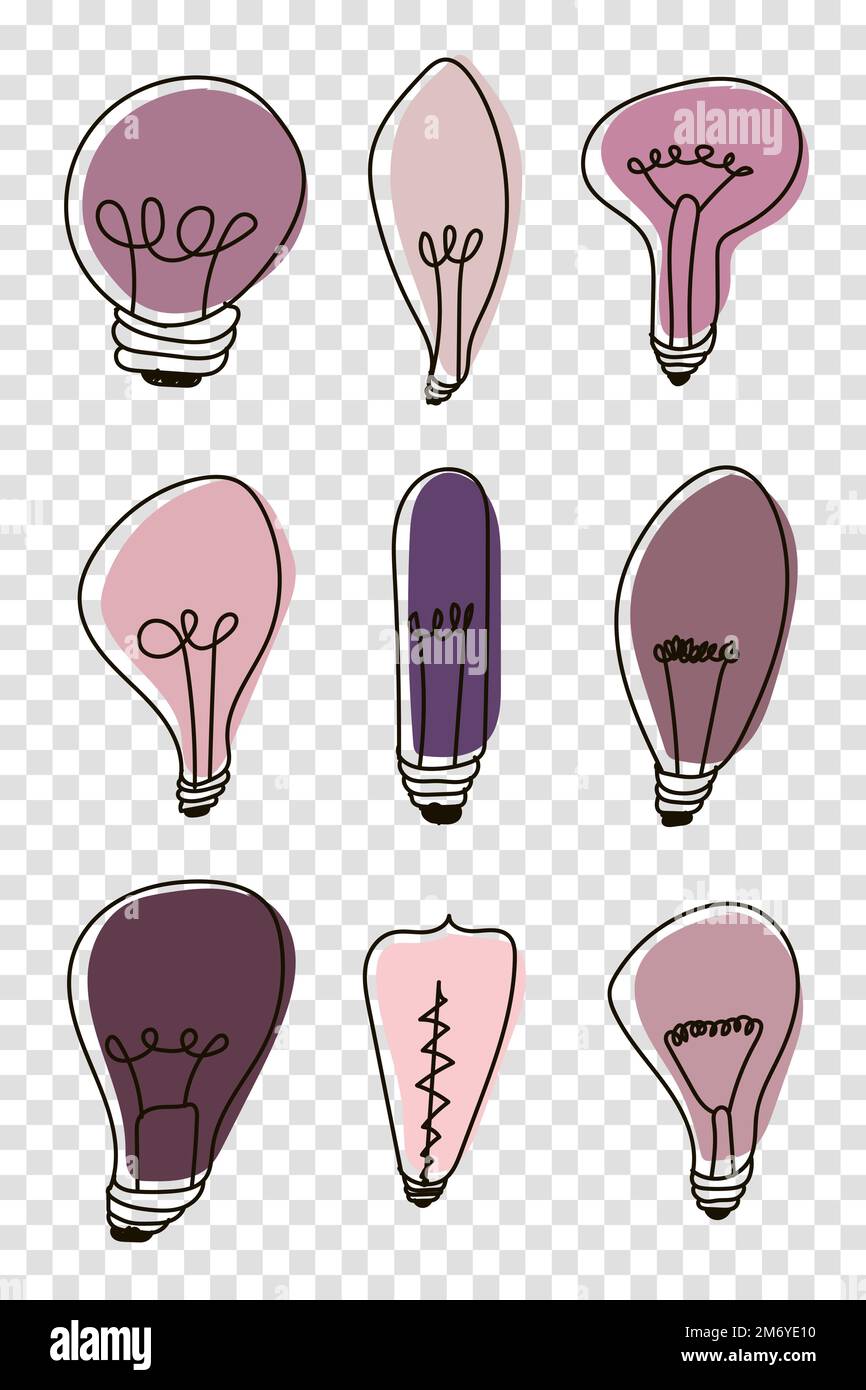 Light bulbs doodle. Colorful light blubs icon set. Creative light bulbs doodle collection ...