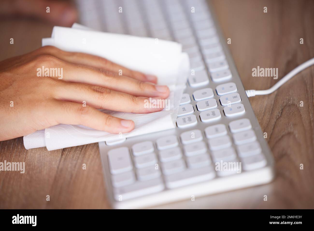 Keyboard, cleaning and hands wipe with cloth for hygiene, dust or ...