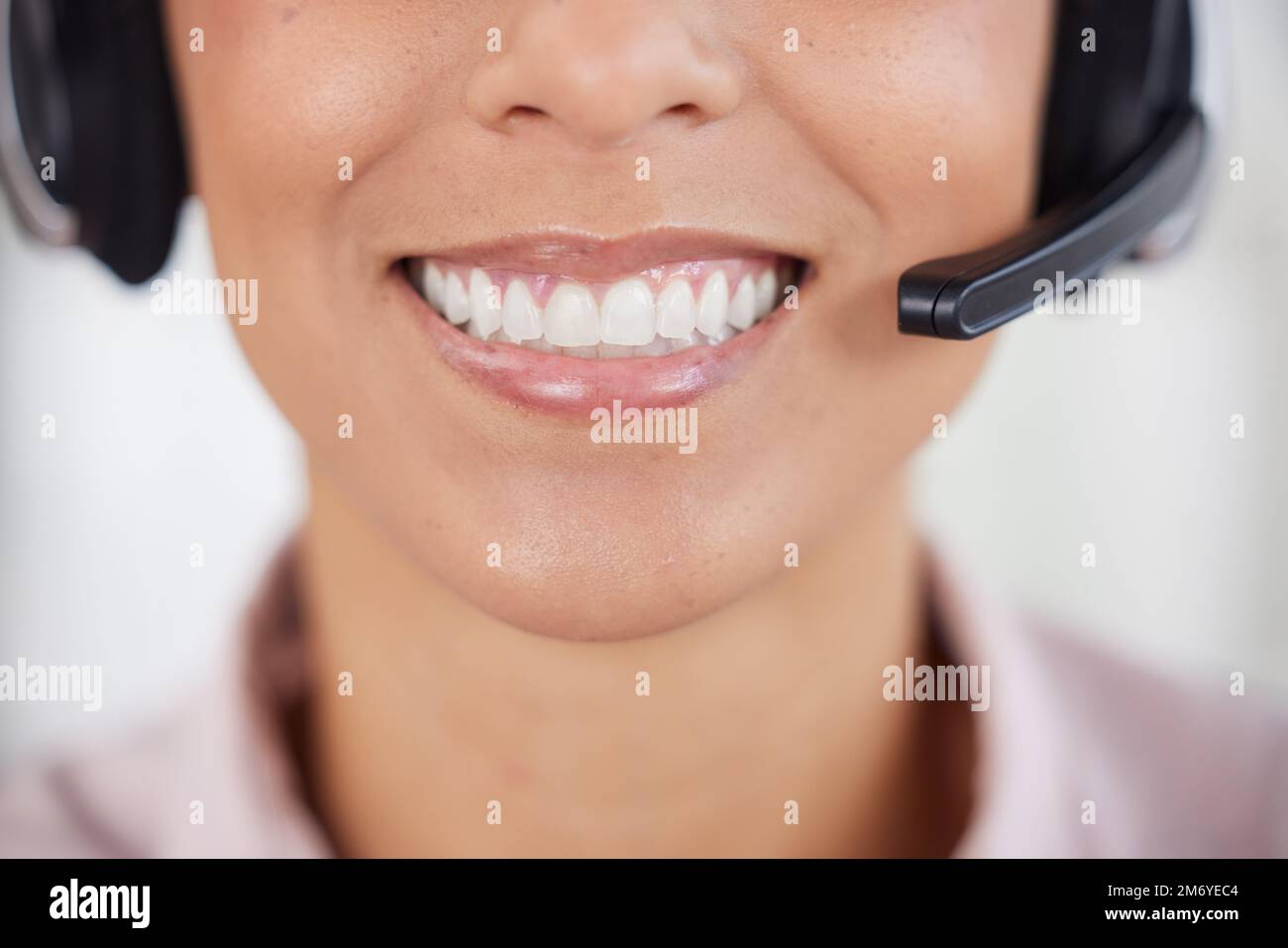 Call center, customer service and mouth with a black woman consultant ...
