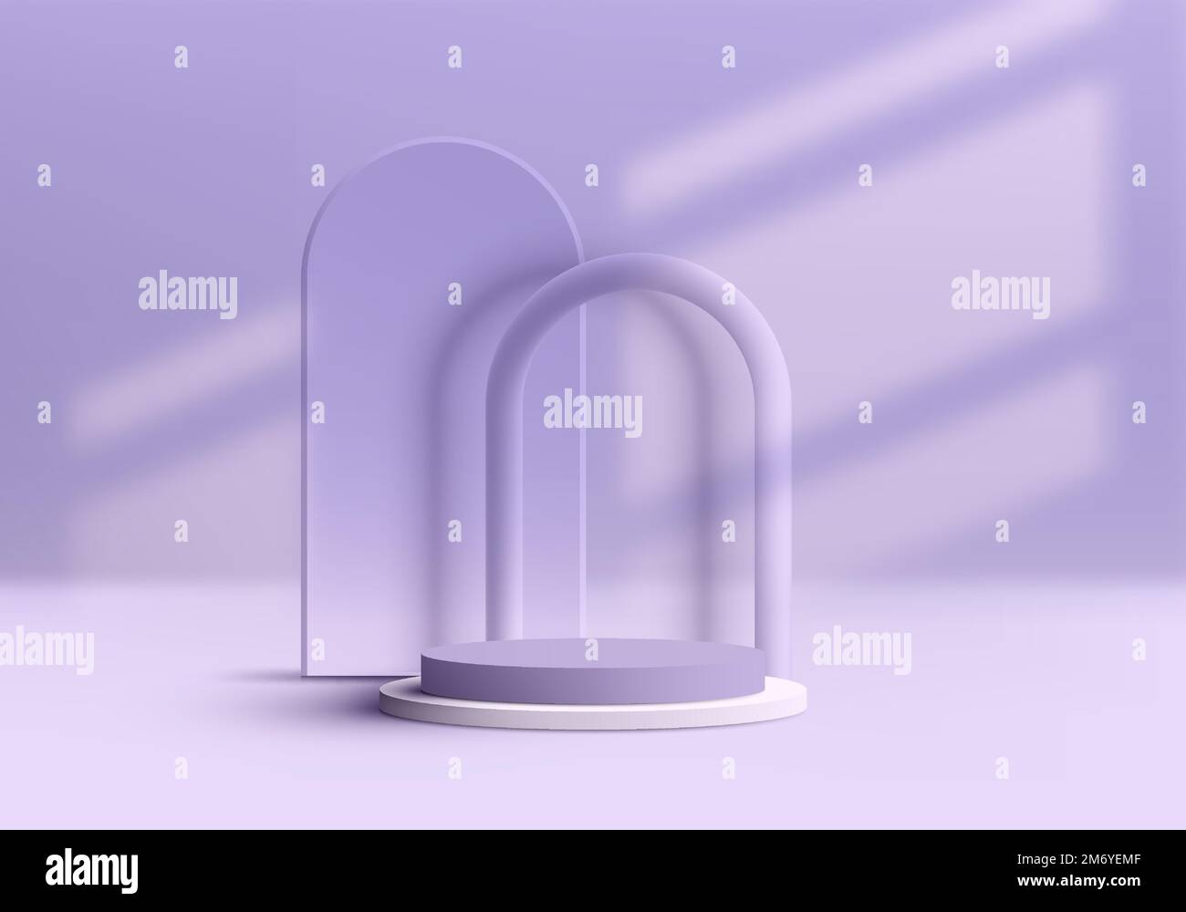 3D realistic empty purple and white cylinder level podium pedestal on ...