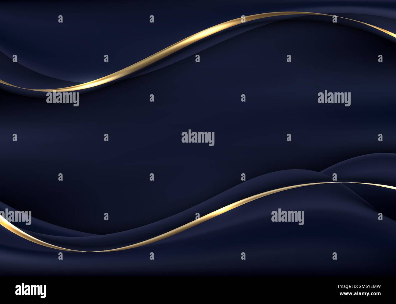 Abstract 3D luxury blue color wave shapes with shiny golden ribbon ...