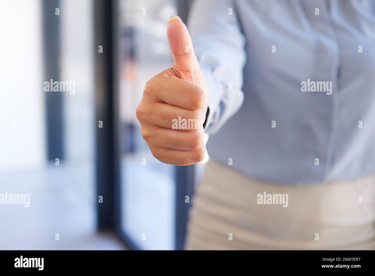 Thumbs up, success and hand of a business woman for thank you ...