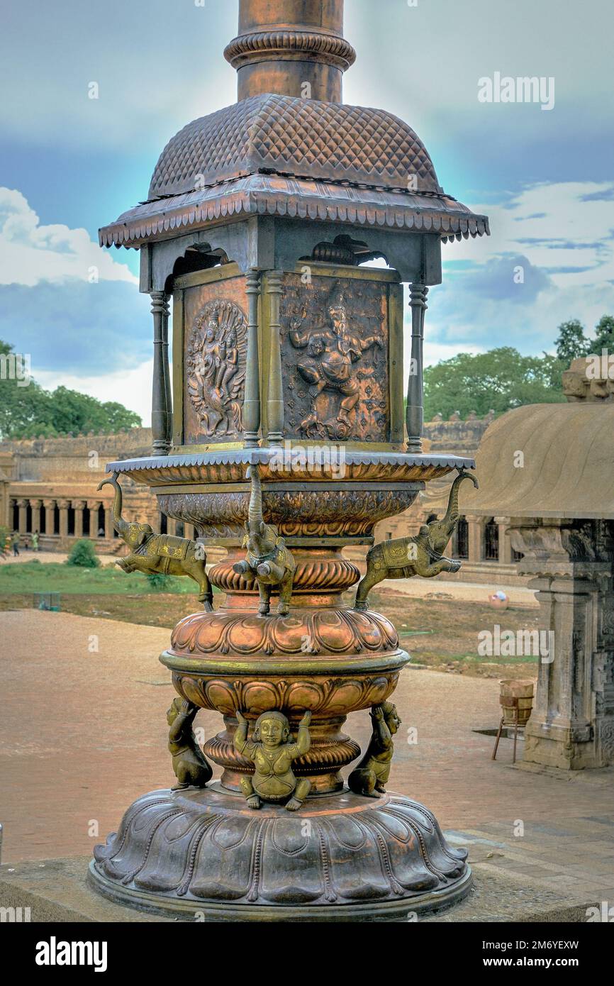 Copper flag pole in a temple, Brihadishwara Temple,UNESCO world ...