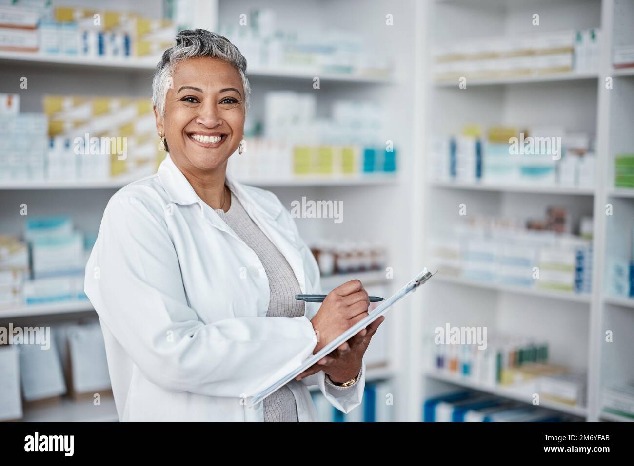 Pharmacy, woman and happy portrait with clipboard, checklist and ...