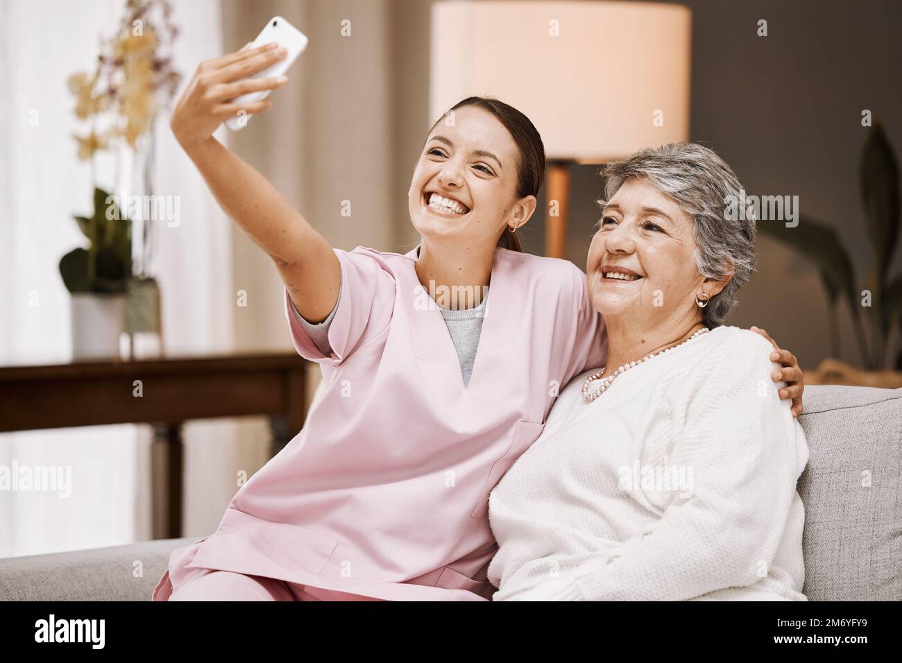 Selfie, nurse and healthcare with a woman carer and senior patient ...