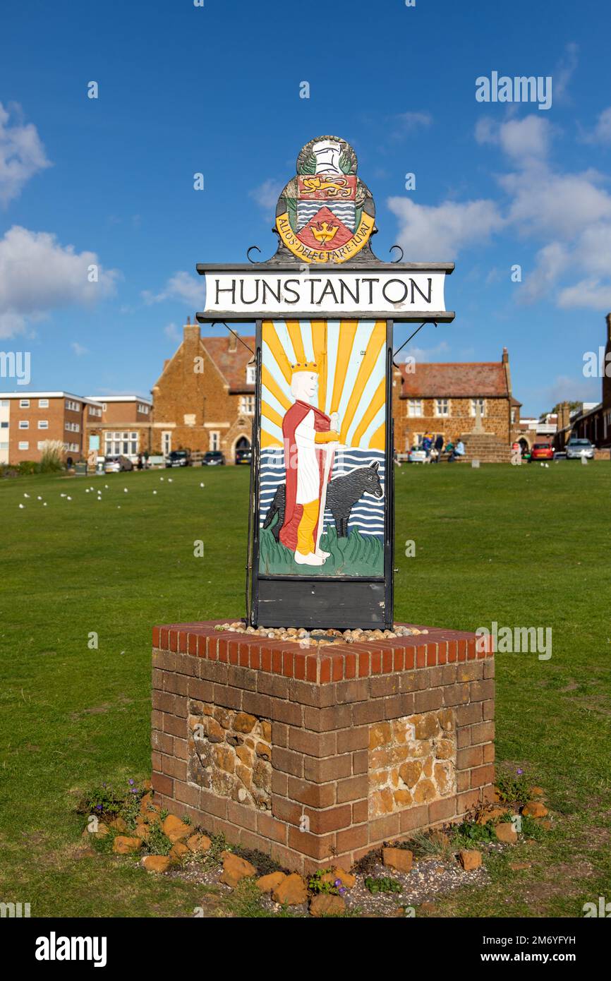 A vertical shot of the Hunstanton town sign on the lawn on a sunny day ...