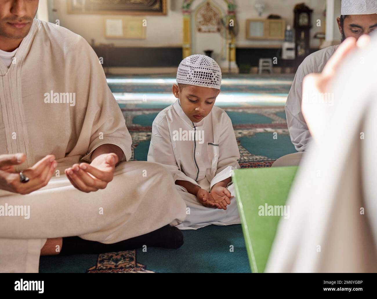 Muslim, child or men prayer to worship Allah in holy temple or mosque ...