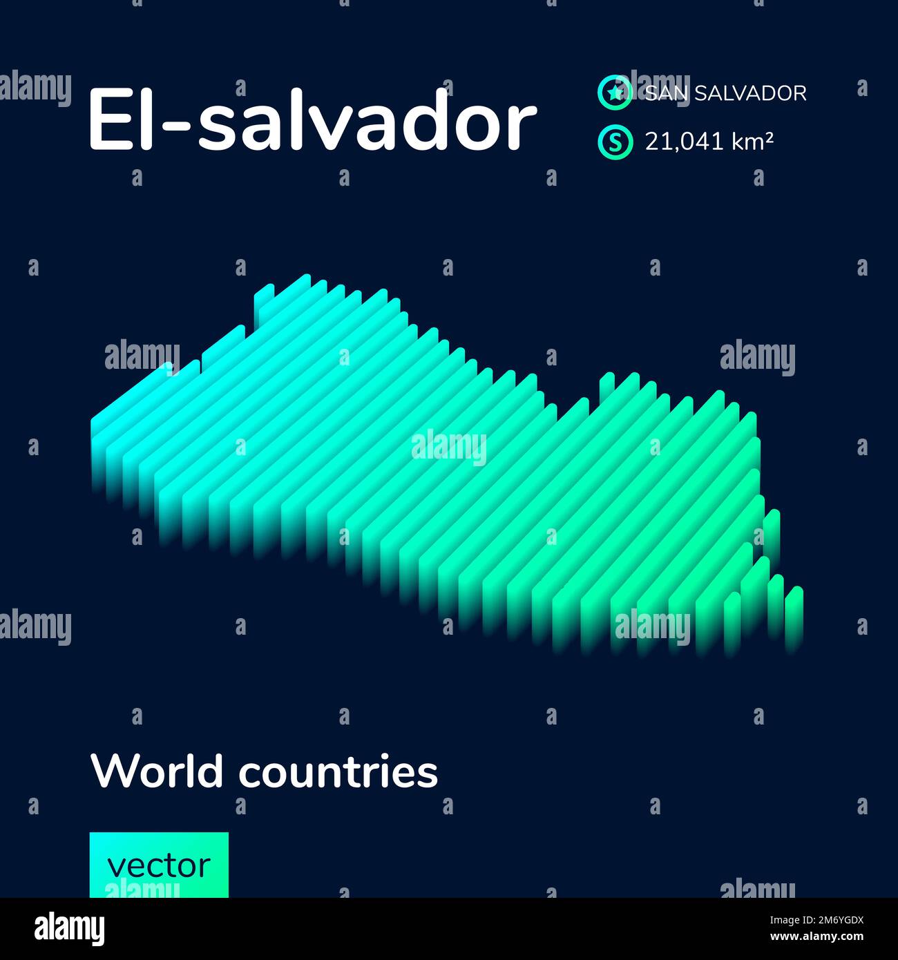 Vector digital neon isometric striped contour El-salvador map with ...