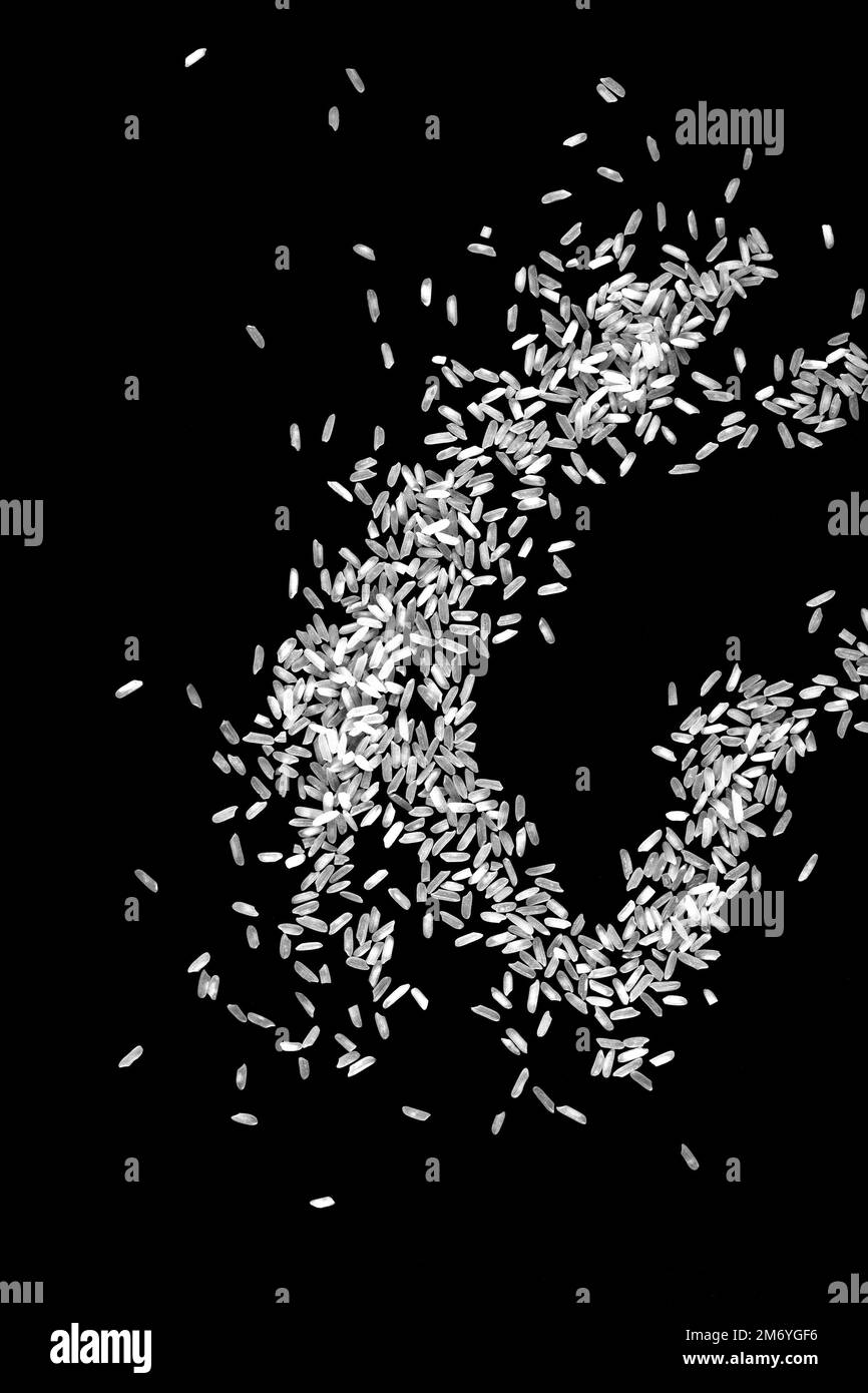 Rice spilled on a black background. Raw white rice explosion isolated ...