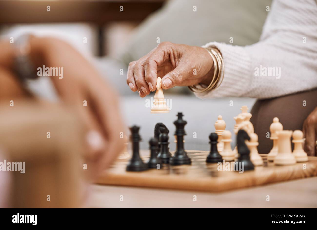 People, playing hands or chess knight on house, home or living room ...