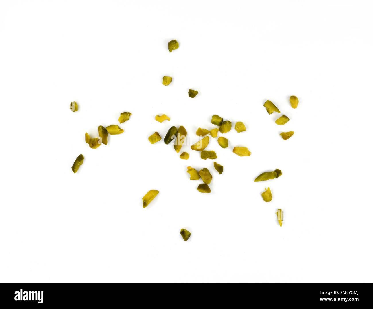 Ground, milled, crushed or granulated pistachio pile isolated on white ...
